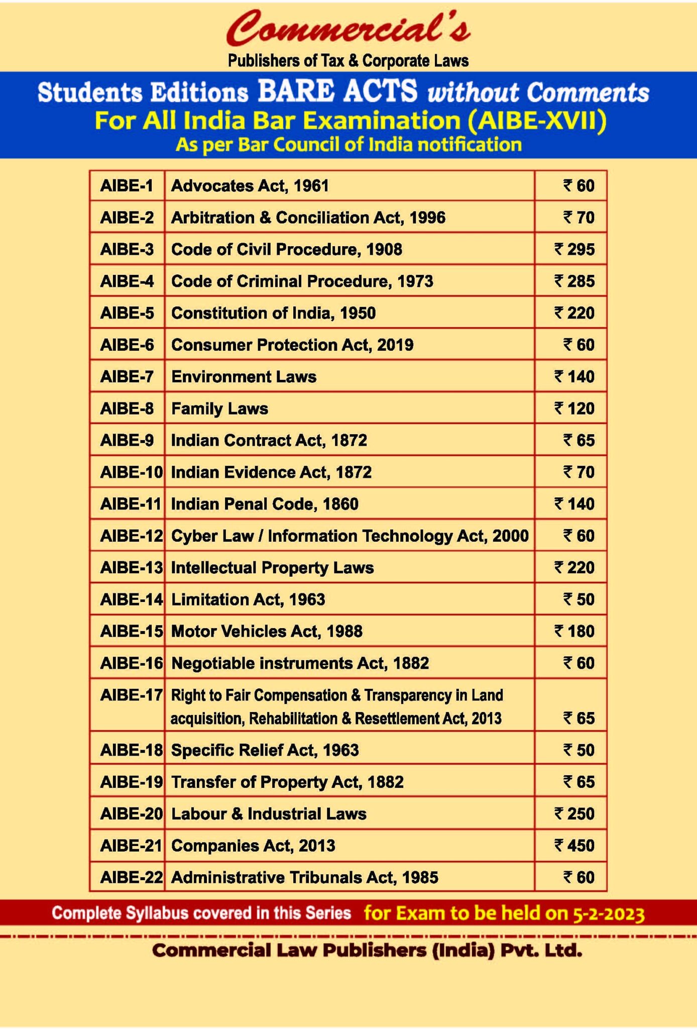 Set of 22 Bare Acts for AIBE [Without Notes] (2023) by Commercial's