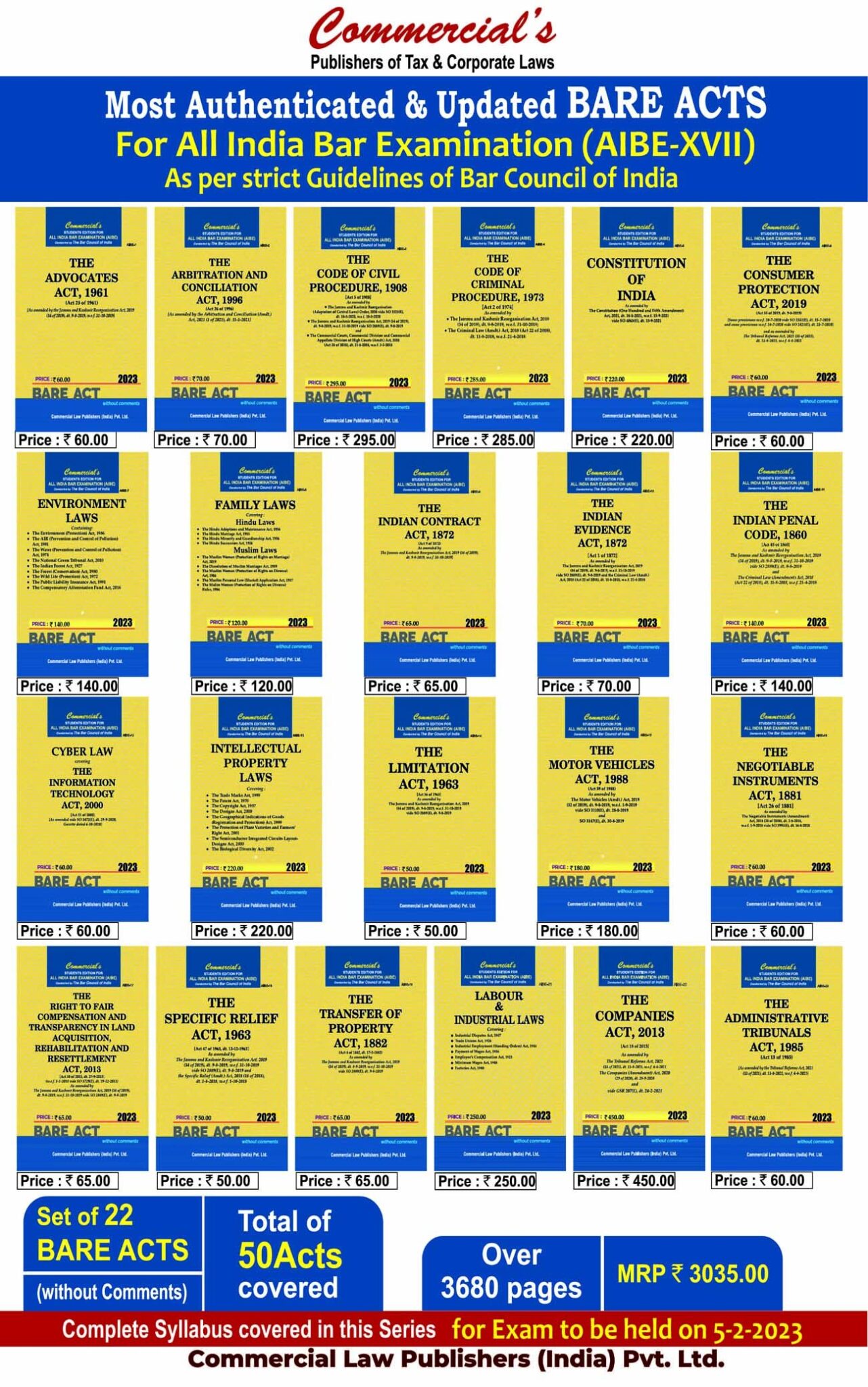 Set of 22 Bare Acts for AIBE [Without Notes] (2023) by Commercial's